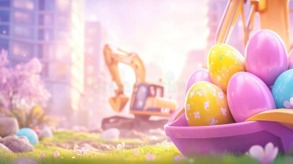 Colorful Easter Eggs in Urban Construction Setting with Blossoming ...