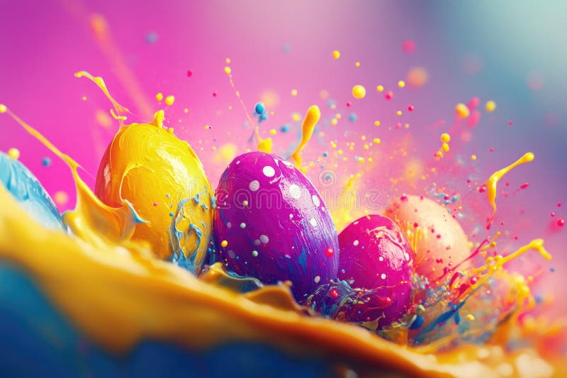Colorful Easter Eggs on Vibrant Paint Splash Background Stock ...