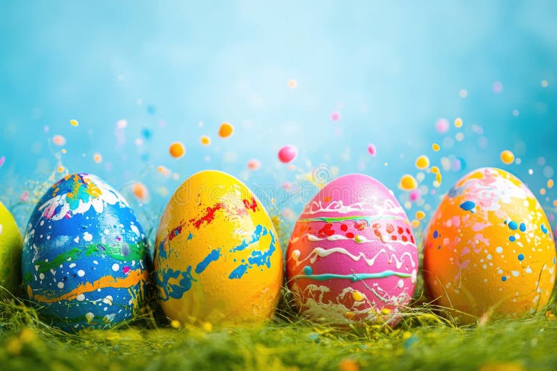 Colorful Easter Eggs on Vibrant Paint Splash Background Stock Photo ...