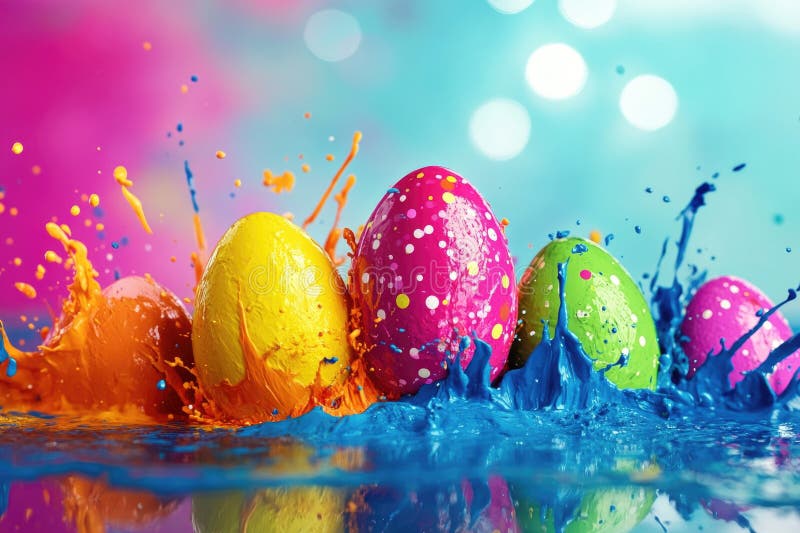Colorful Easter Eggs on Vibrant Paint Splash Background Stock ...