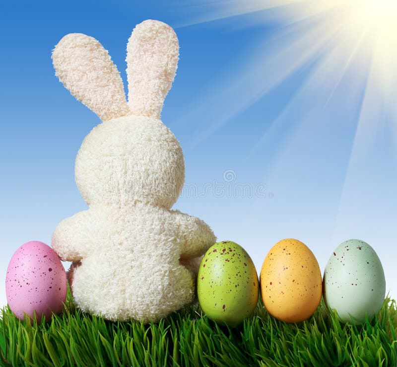Colorful Easter Eggs and Rabbit on Green Grass Stock Photo - Image of ...