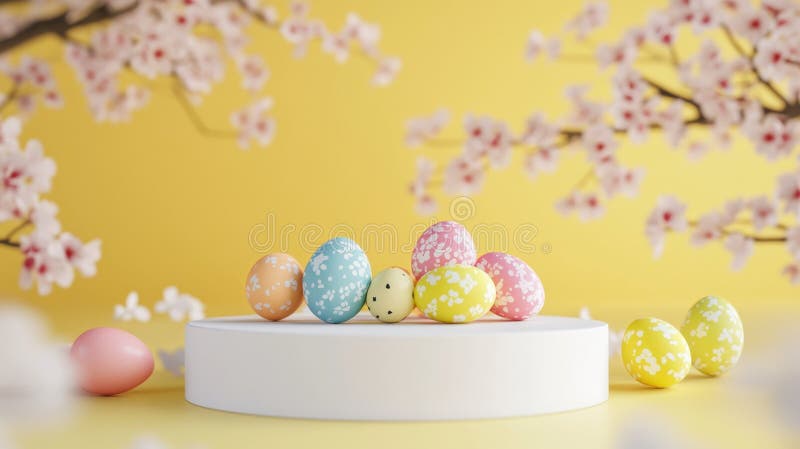 Colorful Easter Eggs on White Stand with Spring Cherry Blossoms Stock ...