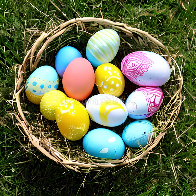 Colorful Easter Eggs in a Wicker Basket on the Grass Ai Generated, Generative AI, CGI Graphics ...