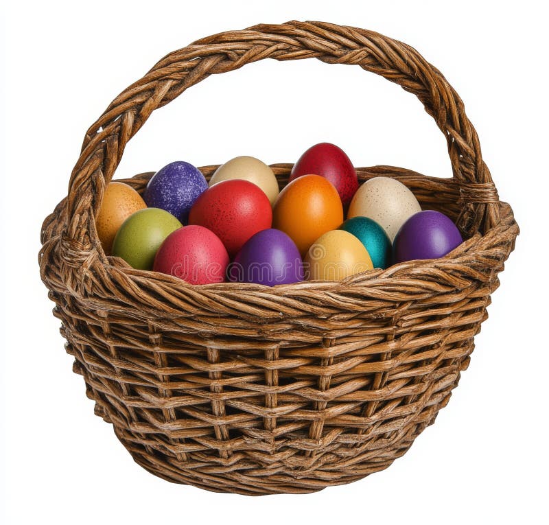 Colorful Easter Eggs in a Wicker Basket Set Against a White Background ...