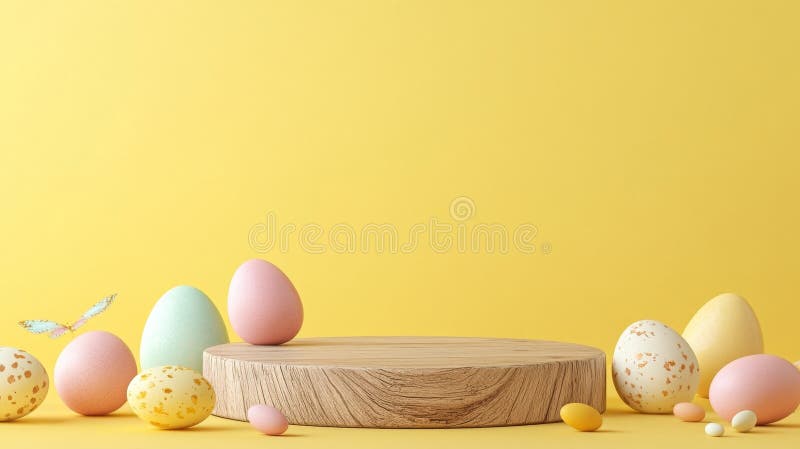 Colorful Easter Eggs and Wooden Display on Bright Yellow Background ...