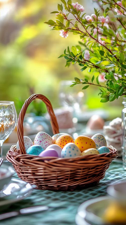 Colorful Easter Eggs Woven Basket Dining Table Surrounded Flowers ...