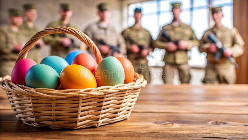 Colorful Easter Eggs in a Woven Basket on a Rustic Table with Soldiers ...