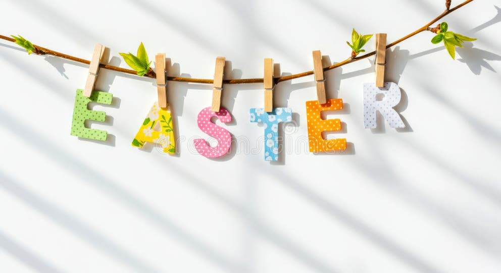 Colorful Easter Letters on Branch with Spring Leaves and Sunlight ...