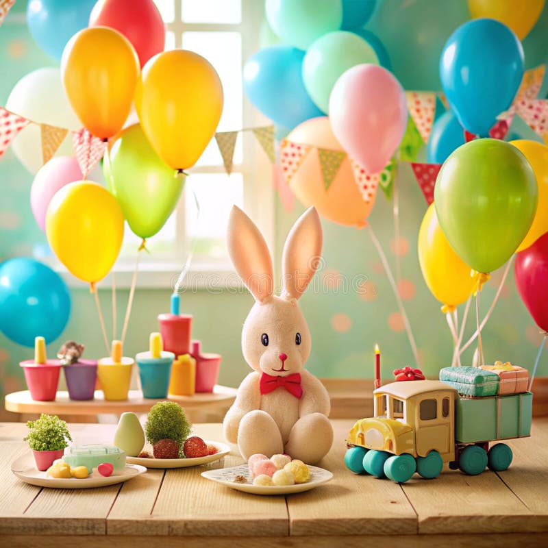 Colorful Easter Party Scene with Bunny and Decorations Stock Photo ...