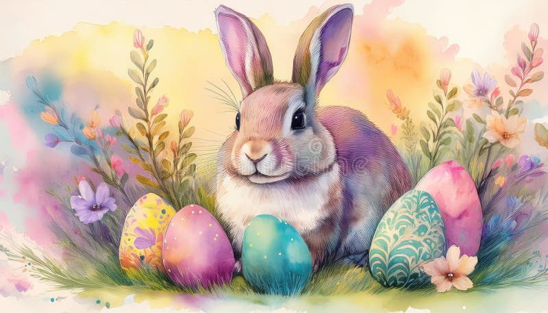 Colorful Easter Rabbit Sitting among Decorated Eggs and Flowers in a ...
