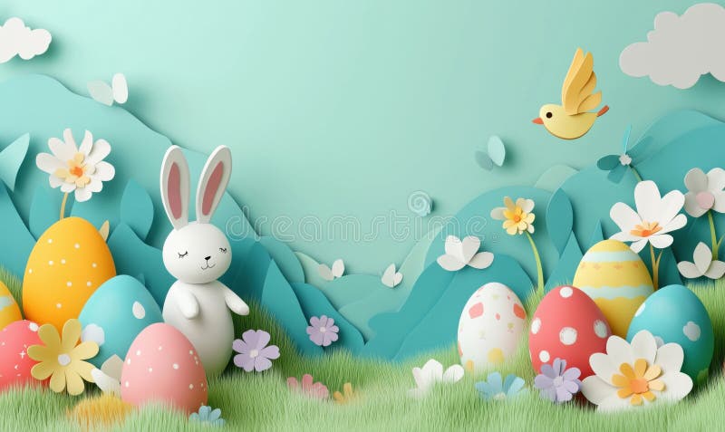 Colorful Easter Scene with Bunny, Decorated Eggs, Flowers, and Bird in ...