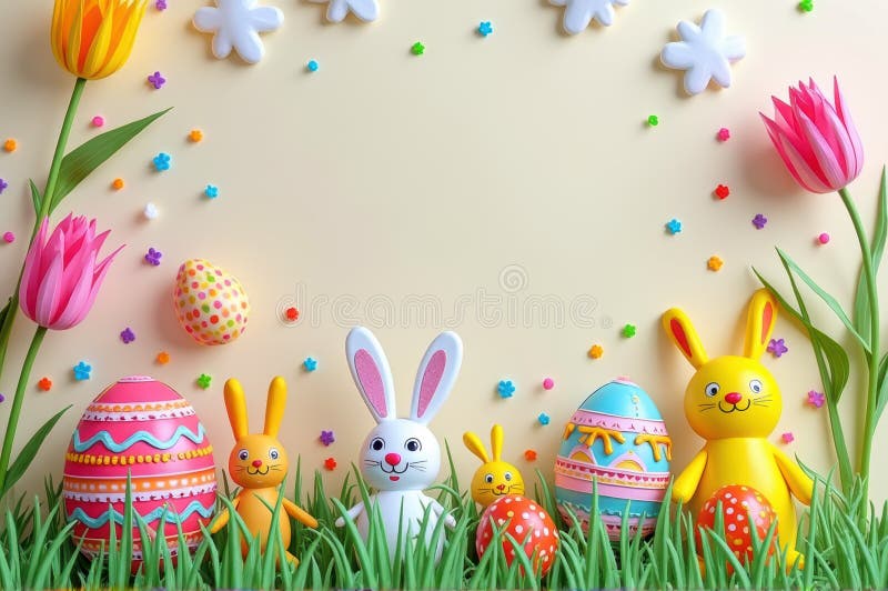 Colorful Easter Scene with Decorative Eggs, Bunny Figures, and Spring ...
