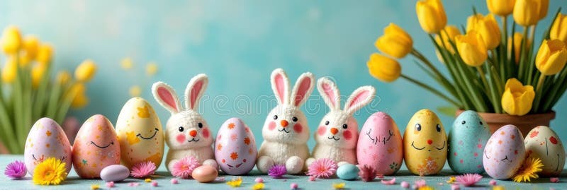 Colorful Easter Scene with Decorative Eggs and Plush Bunnies Surrounded ...
