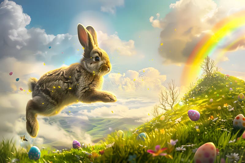Colorful Easter Scene with a Rabbit Jumping through a Landscape of Eggs ...
