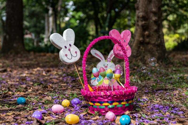 Colorful Easter Setup with Bubble Fun in the Forest Stock Image - Image ...
