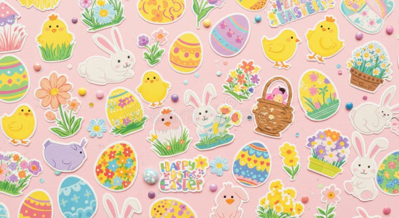 Colorful Easter Stickers with Eggs, Bunnies, and Spring Flowers Stock ...