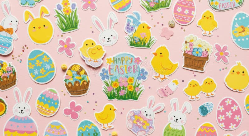 Colorful Easter Stickers on Pastel Background with Bunnies and Eggs ...