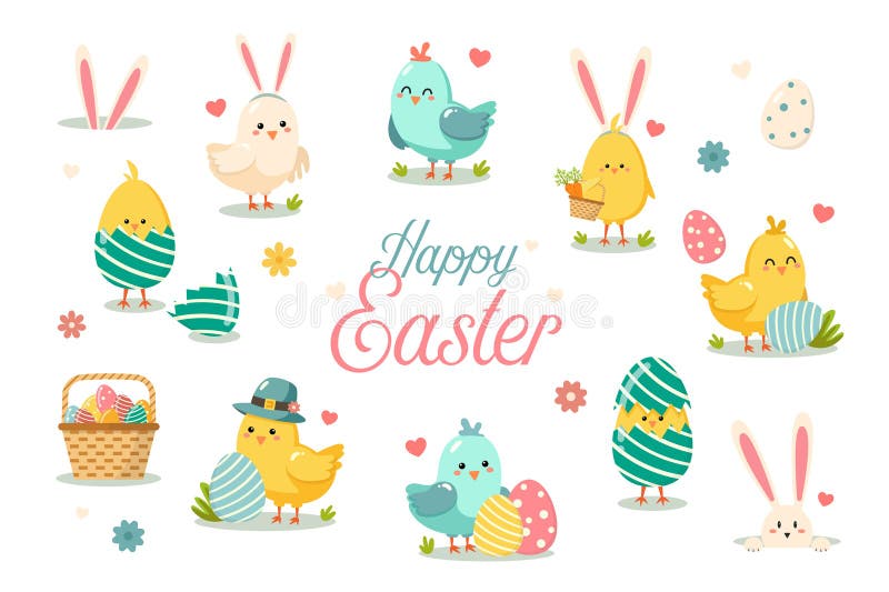 Colorful Easter Themed Vector Illustration with Cute Chicks Birds ...