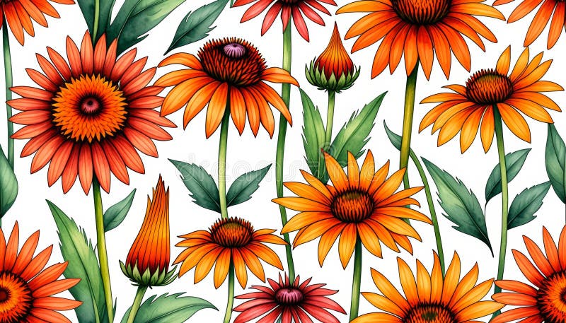 Colorful Echinacea Blooms Pattern with Lush Green Leaves on White ...