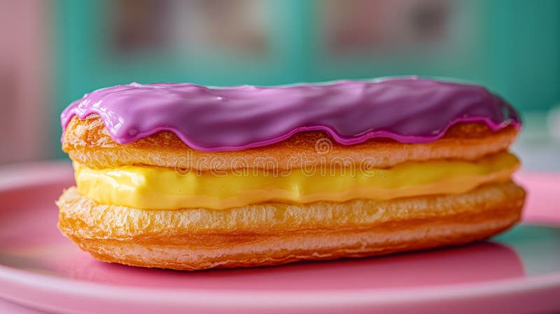 Colorful Eclair with Pink Icing on a Plate. Stock Photo - Image of ...