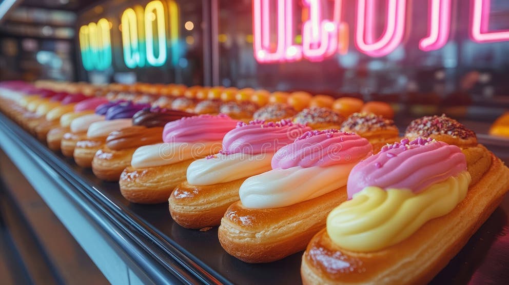 Colorful Eclairs in Front of a Neon Sign at a Bakery. Stock Image ...