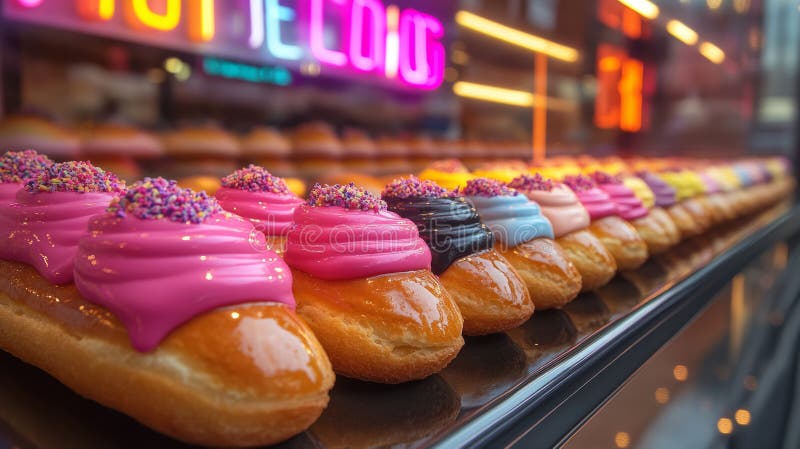 Colorful Eclairs with Sprinkles in a Neon-lit Display. Stock Image ...