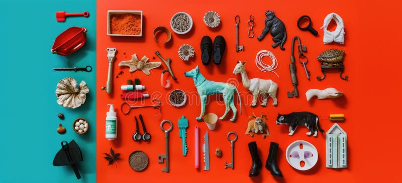 A Colorful and Eclectic Collection of Objects are Arranged on a Blue ...