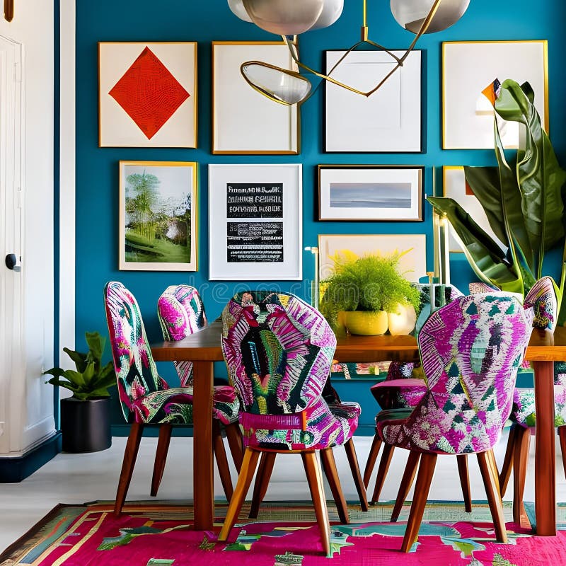 A Colorful and Eclectic Dining Room with Mix-and-match Chairs, a ...