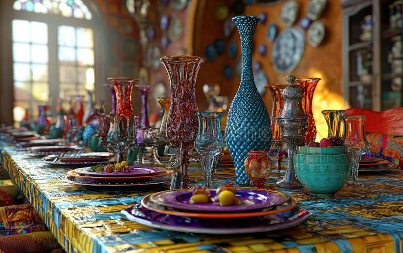 Colorful and Eclectic Dining Table Setting with a Mosaic Table and ...