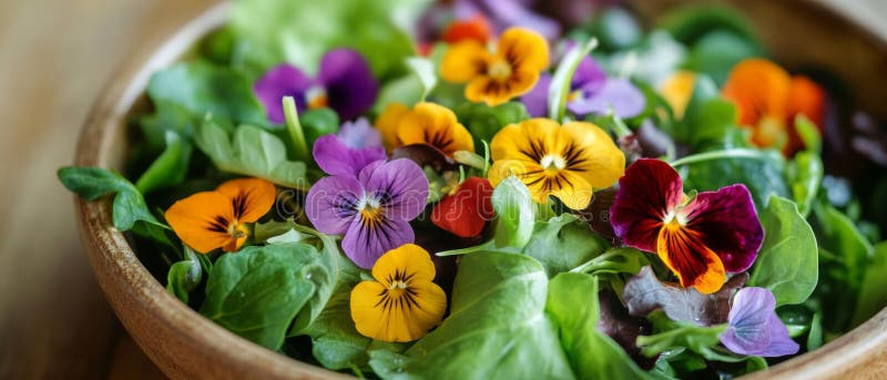 Colorful Edible Flowers in a Bowl of Greens Stock Illustration ...