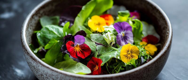 Colorful Edible Flowers in a Bowl of Greens Stock Illustration ...