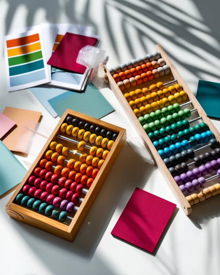 Colorful Educational Abacus Tools and Palette Samples on Flat Lay Background Stock Image - Image ...