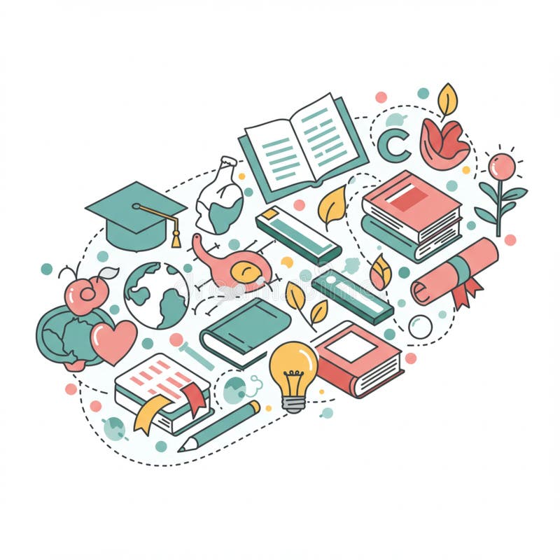 Colorful Educational-themed Illustration Featuring Books, a Globe, Graduation Cap, Stock ...