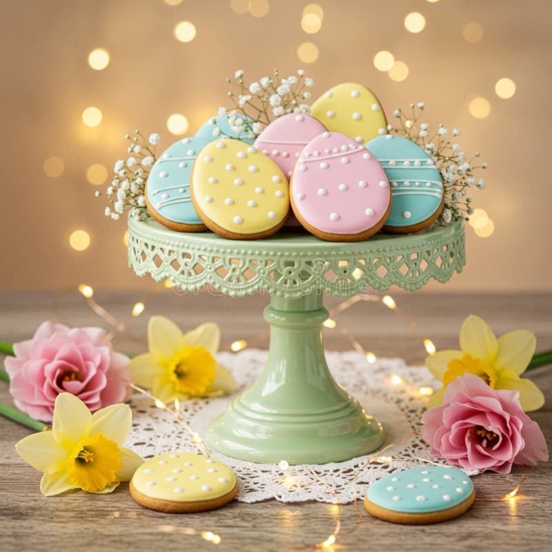 Colorful Easter Cookies Displayed on Cake Stand with Spring Flowers ...