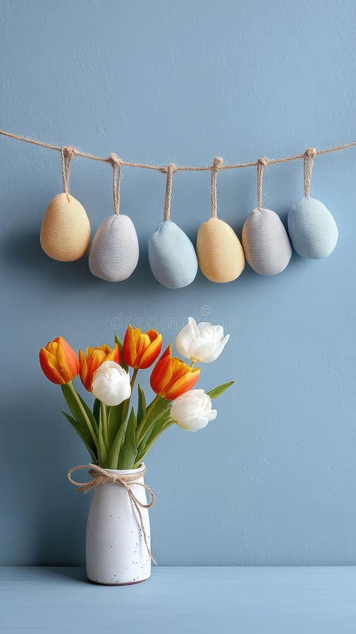 Colorful Eggs Dangle from a String beside a Vibrant Flower Vase ...