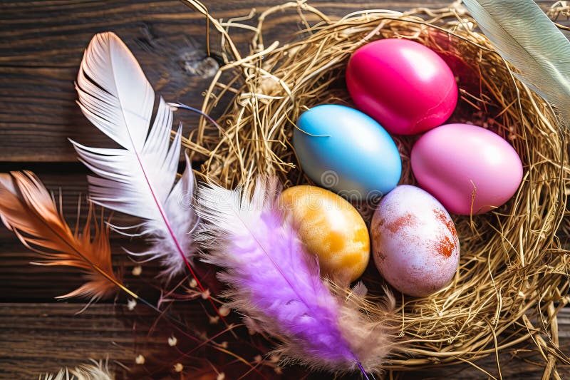 Colorful Eggs and Feathers in Birds Nest Stock Image - Image of ...