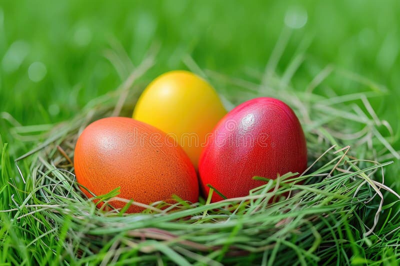 Colorful Eggs in Nest on Grass, Perfect for Easter Designs Stock Image ...