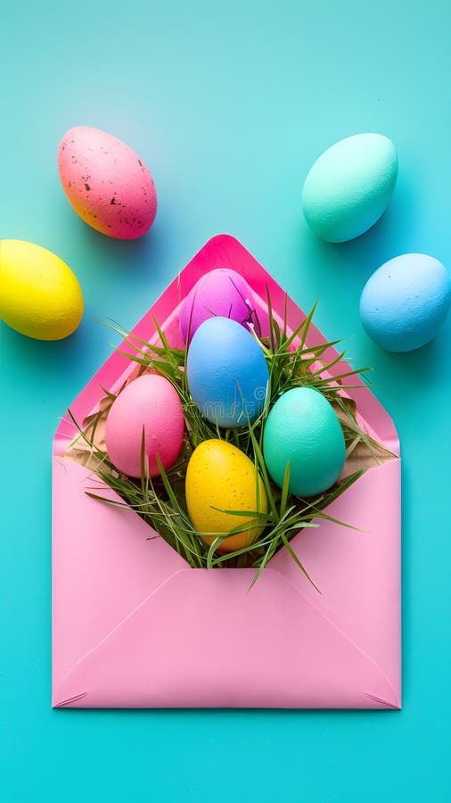 Colorful Eggs in Pink Envelope Top View of Easter Concept Stock ...