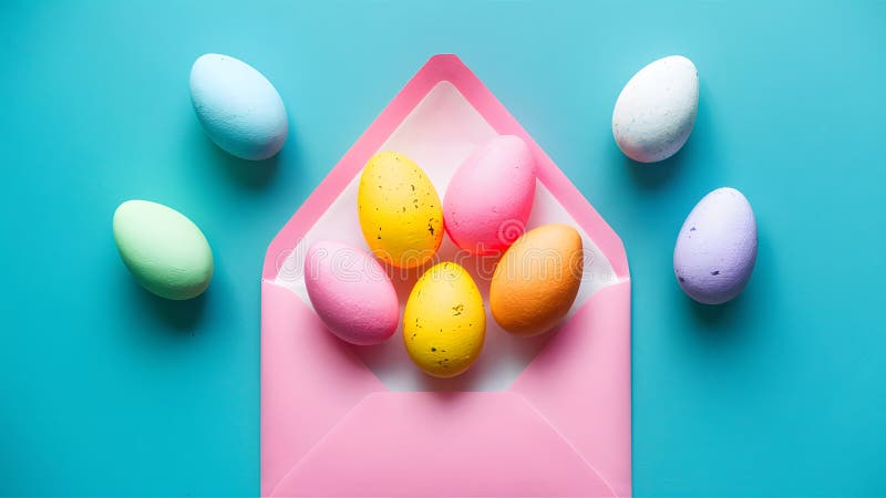 Colorful Eggs in Pink Envelope Top View of Easter Concept Stock ...