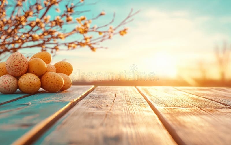 Colorful Eggs Rest on a Wooden Table with a Tree Backdrop, Celebrating ...