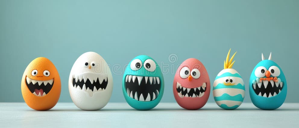 Colorful Eggs with Unique Faces and Teeth Arranged in a Row for Easter ...