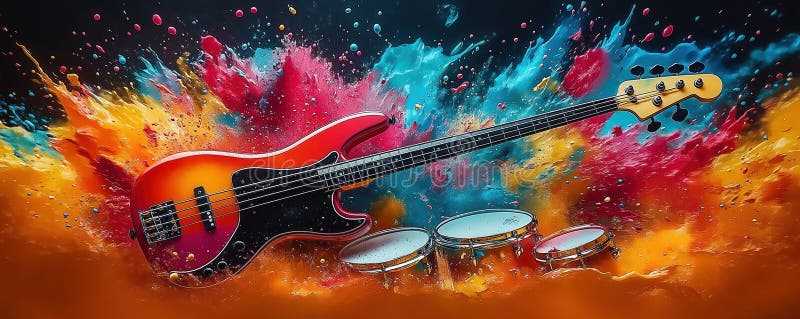Colorful Electric Bass Guitar, Drum Set Exploding with Vibrant Paint ...