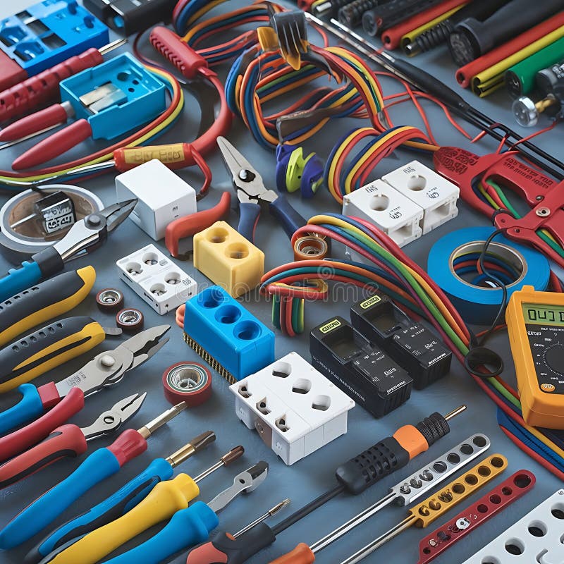 Basic Electrical Tools And Equipment Set Of Electrician Tools, A Coil