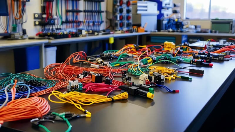 Colorful Electrical Wires and Components Laying on Workbench in ...