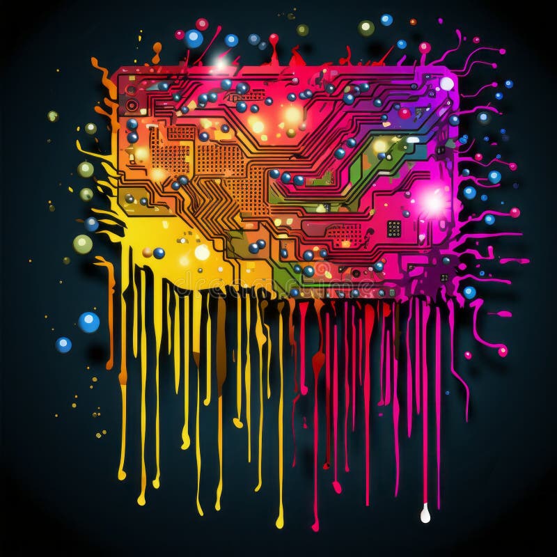 Colorful Electronic Circuit Board with Paint Dripping on it Stock ...