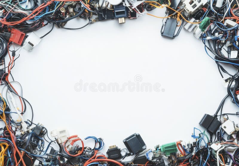 Colorful Electronic Components and Wires Frame on White Background ...