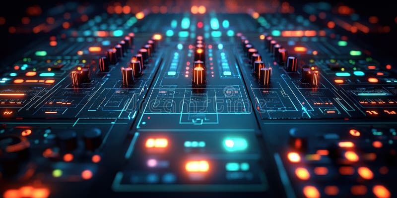 Colorful Electronic Control Panel with Knobs and Lights Glowing at ...