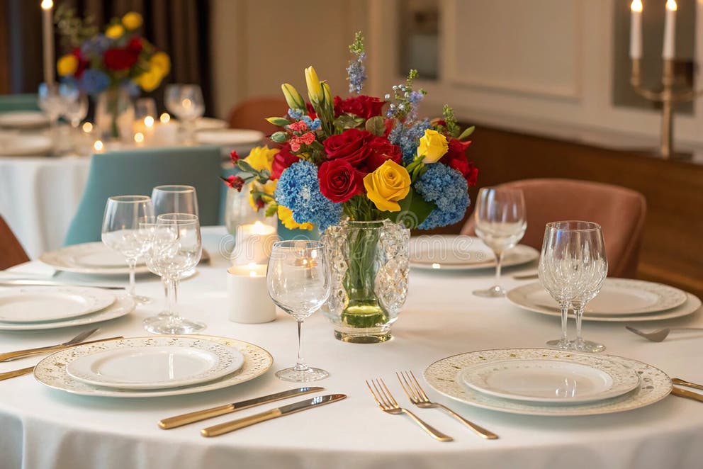 Colorful Elegant Dinner Table Setting Stock Photo - Image of cloth, candle: 351378044