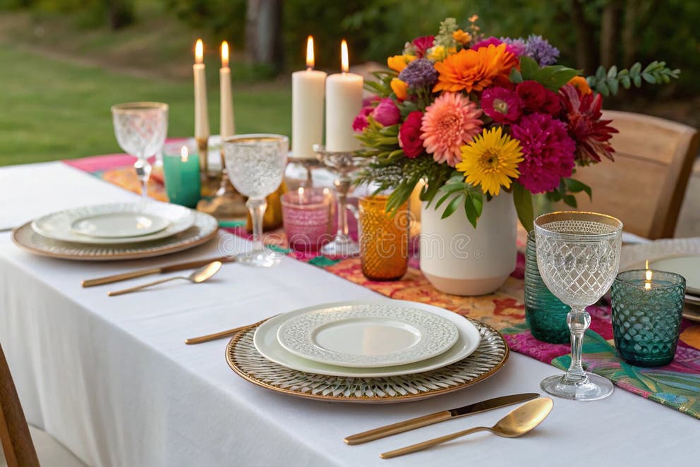 Colorful Elegant Dinner Table Setting Stock Photo - Image of modern, cloth: 351378084
