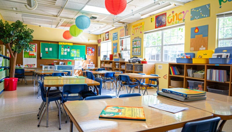 Colorful Elementary Classroom Ready for Creative Learning Stock ...